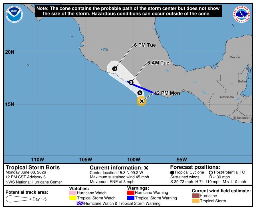 Tropical Storm Boris to Strike Mexico while Cristina Takes Shape